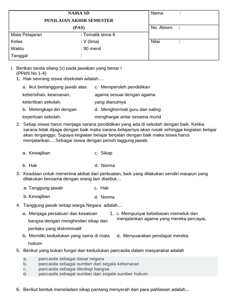 Soal PAS TEMA 6 Kelas 5 SMT 2 | PDF