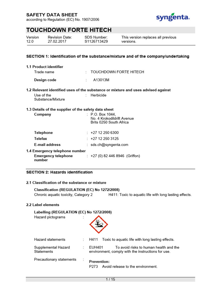 Touchdown Forte Hitech Safety Data Sheet | PDF | Toxicity | Dangerous Goods