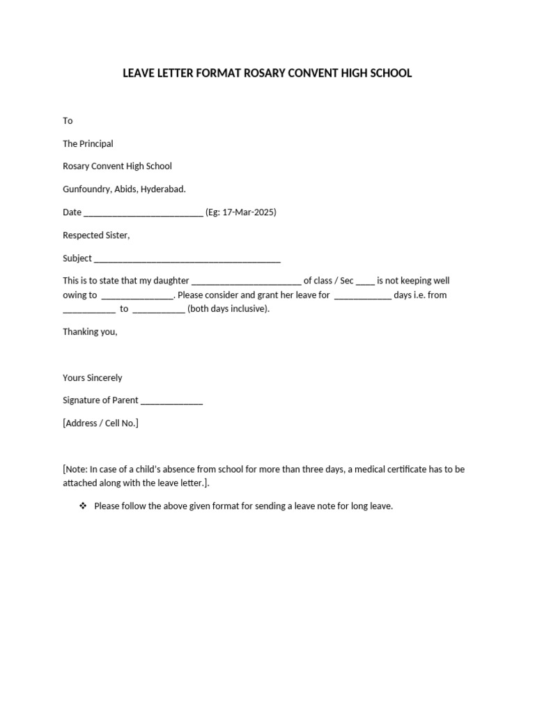 Leave Letter School Format | PDF
