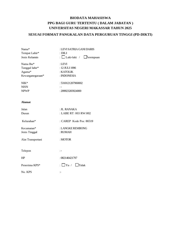 Form Biodata Lapor Diri PDPT PD Dikti (1) .Docx Levos | PDF