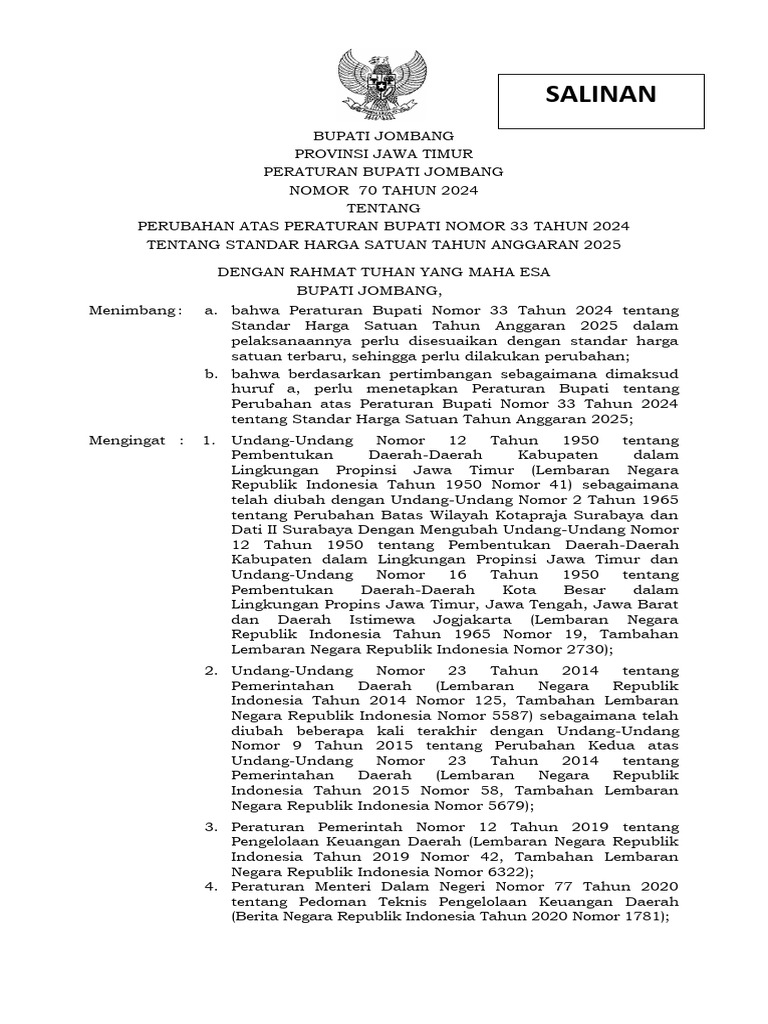 Perbup Nomor 70 Tahun 2024 Tentang Perubahan Atas Perbup No 33 Tahun 2024 Tentang Standar Harga ...