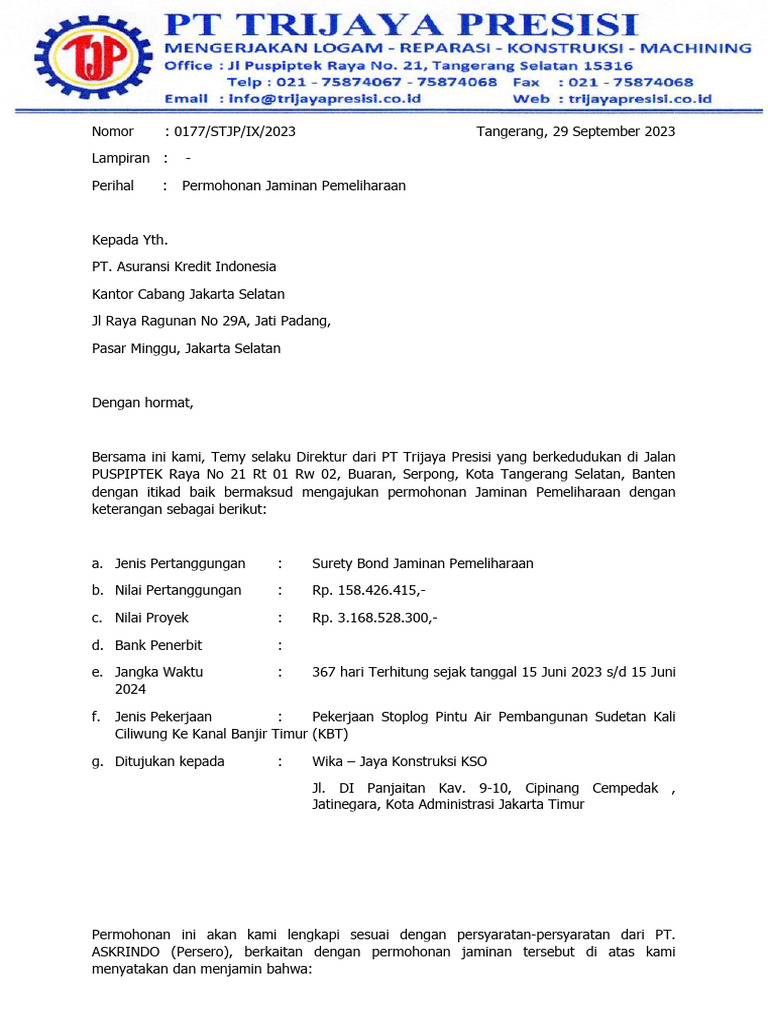 2.surat Permohonan Surety Maintenace-wika-PT Trijaya Presisi (Stoplog) Docx - 2 | PDF