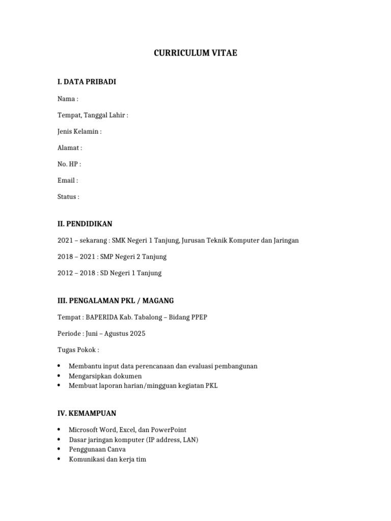 CV Kosong untuk Fresh Graduate | PDF