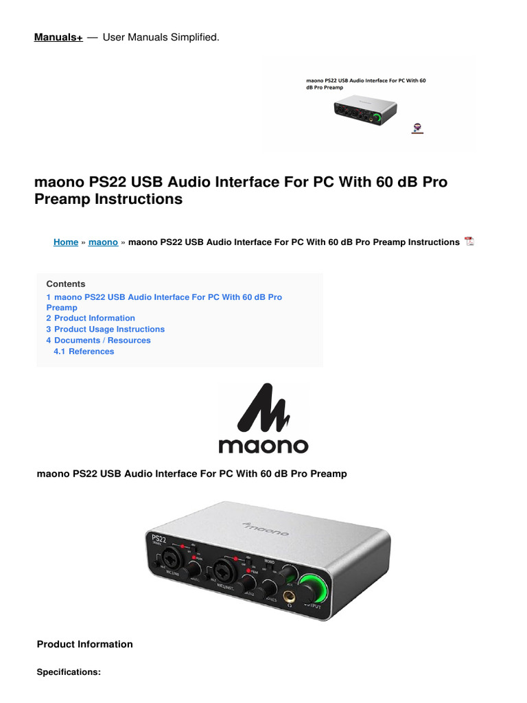 Ps22 Usb Audio Interface For PC With 60 DB Pro Preamp Manual | PDF ...