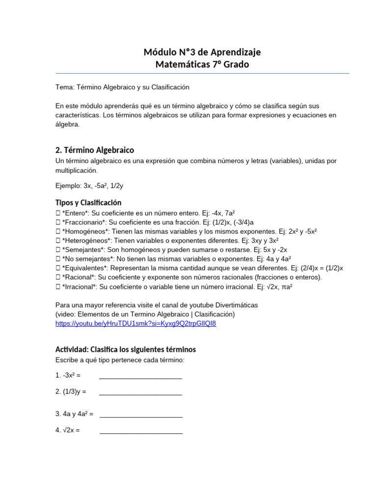 MOD - 3 - Término Algebraico y Su Clasificación | PDF