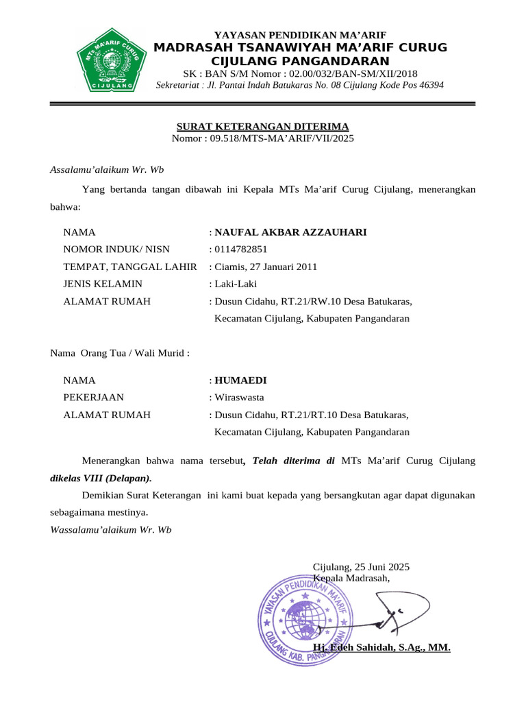 Surat Keterangan Diterima Siswa Baru | PDF