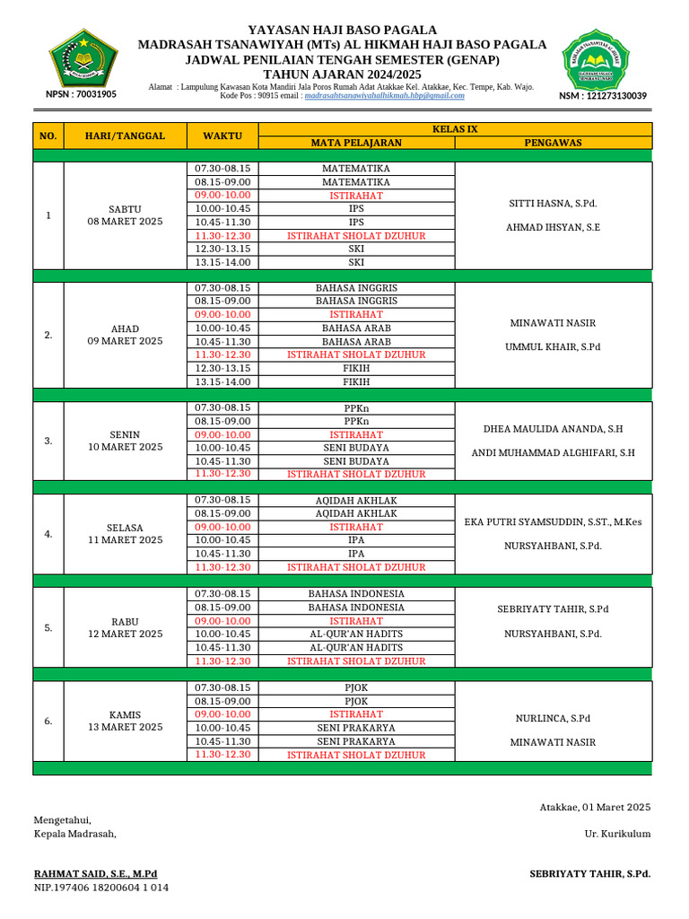 Jadwal Pts Kelas Ix-Ta 2024-2025 | PDF