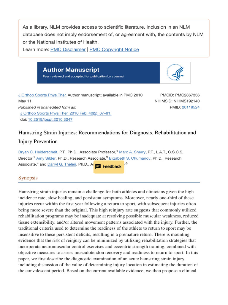 Hamstring Strain Injuries - Recommendations For Diagnosis ...