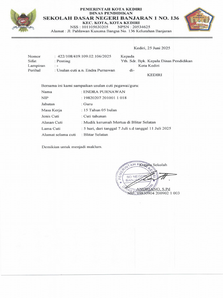 Surat Cuti Endra Baru 25 | PDF