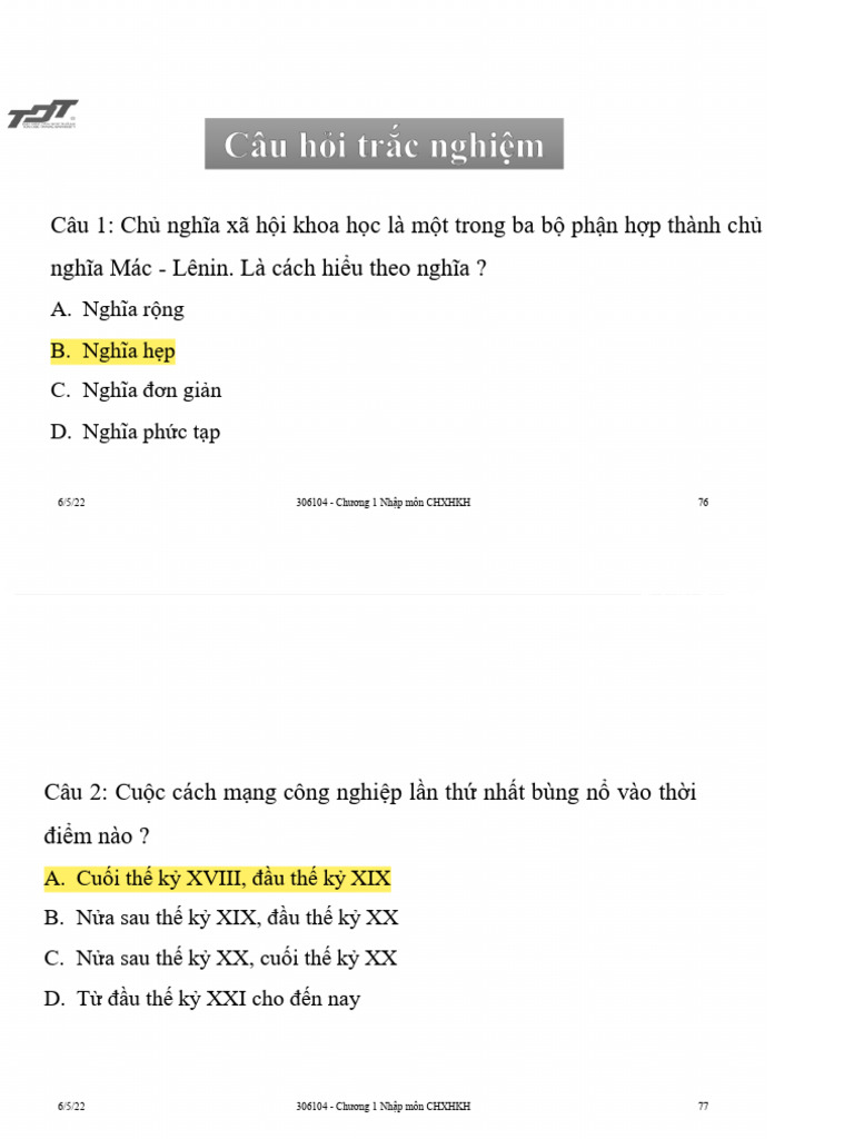 Trac Nghiem Chuong 1 Chu Nghia Xa Hoi Khoa Hoc Dai Hoc Ton Duc Thang 141664 | PDF