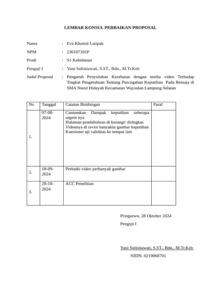 Lembar Konsul Perbaikan Proposal | PDF