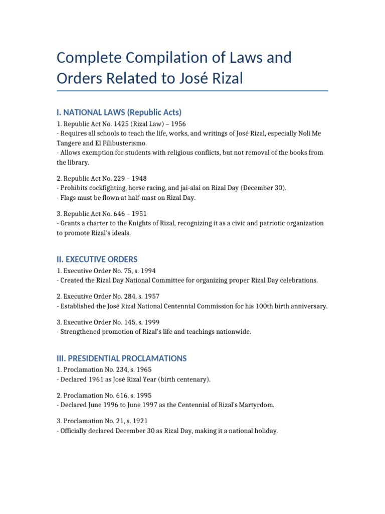 Complete Rizal Laws and Orders | PDF