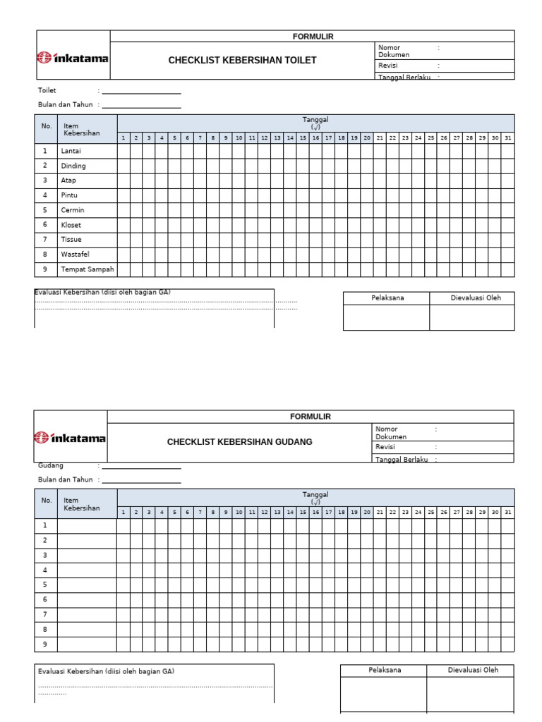 Checklist Kebersihan | PDF