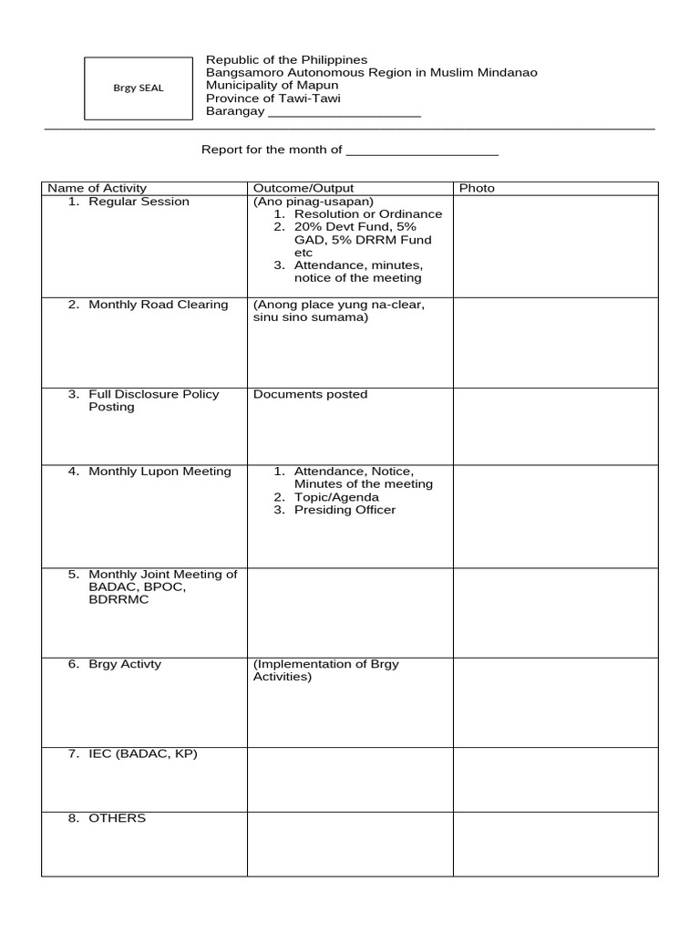 Monthly Activity Report Template for Barangay | PDF