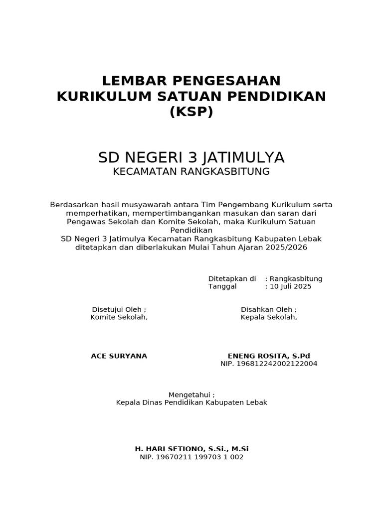 Contoh - Lembar Pengesahan Kurikulum 2025 - 2026 | PDF