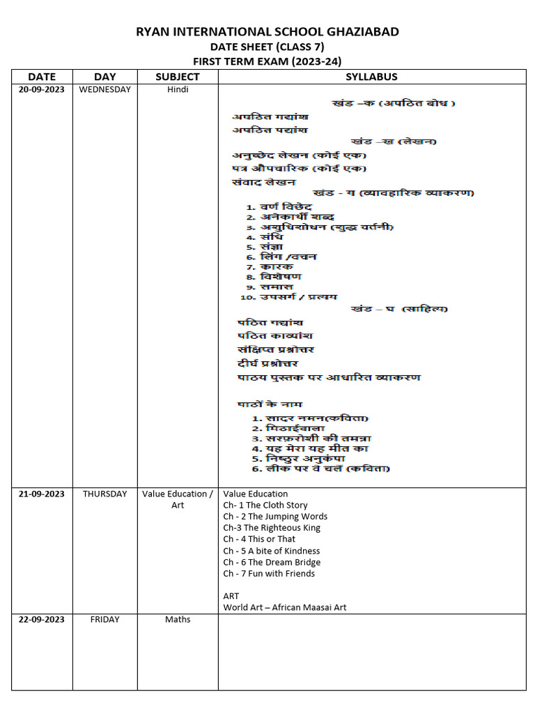 Date Sheet With Syllabus (Class 7) | PDF | Linguistics | Linguistic Typology