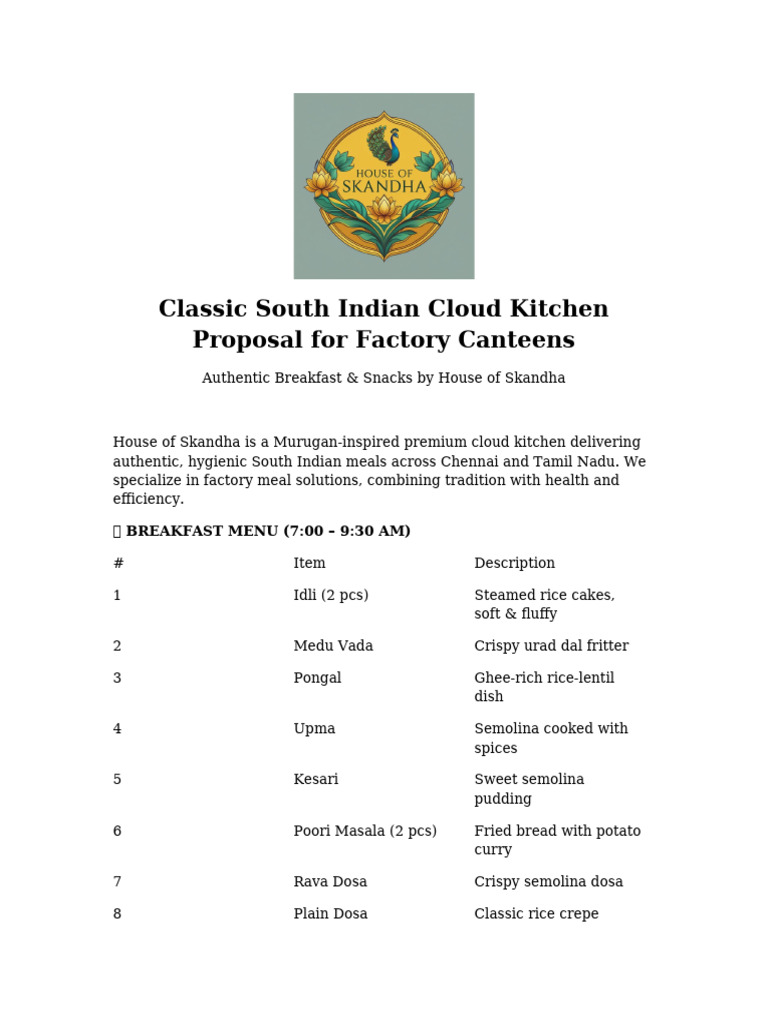South Indian Cloud Kitchen Proposal | PDF | Foods | Food And Drink ...