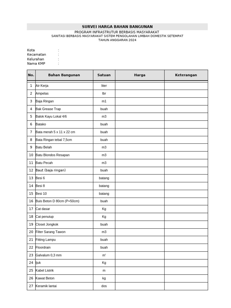 Form Survey Harga Sanimas 2024 | PDF