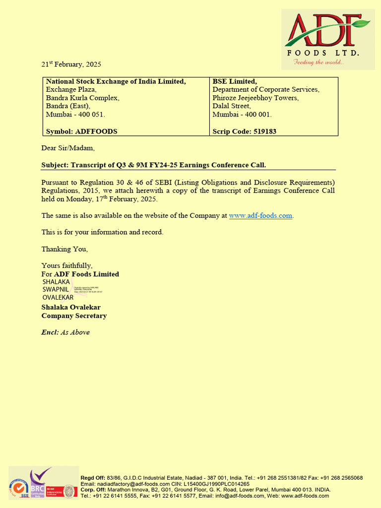 ADF Foods - 3QFY25 | PDF
