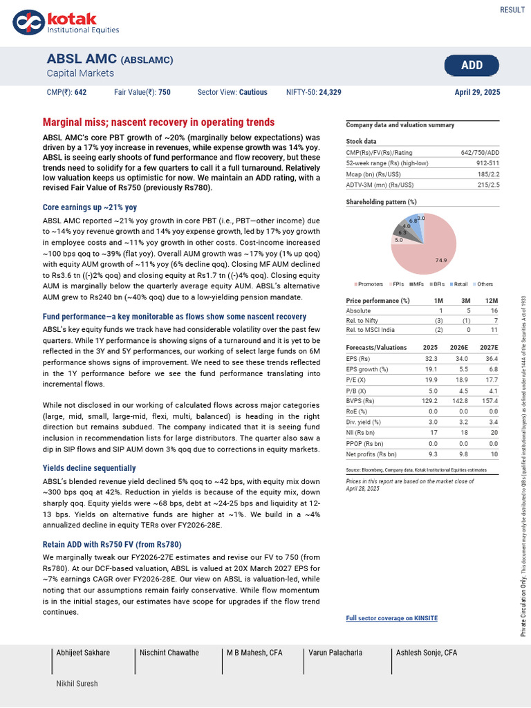 ABSL AMC 29apr25 Kotak Inst | PDF | Valuation (Finance) | Expense