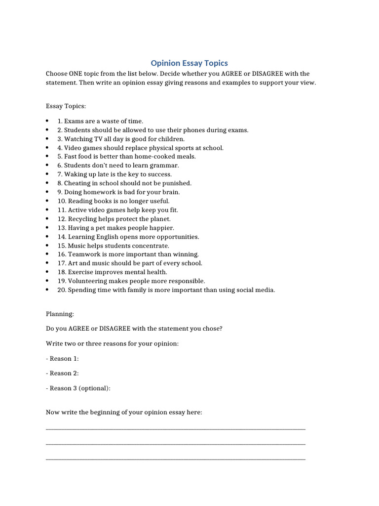 Full Opinion Essay Topics Worksheet | PDF
