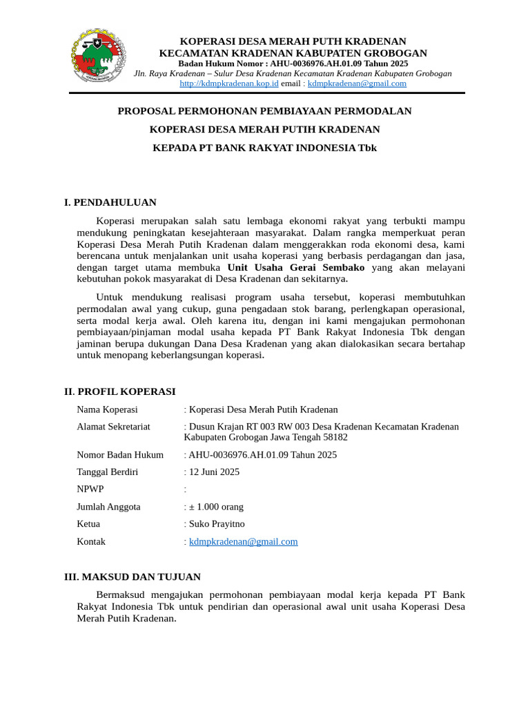 Proposal Pembiayaan Gerai Sembako KDMP | PDF