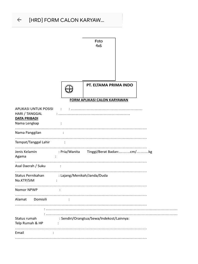 Contoh Form Calon Karyawan | PDF