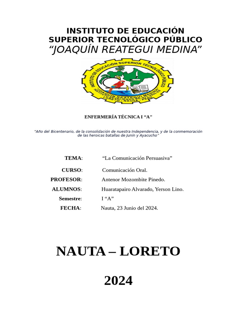 Nauta - Loreto 2024: "Joaquín Reategui Medina" | PDF | Persuasión | Comunicación