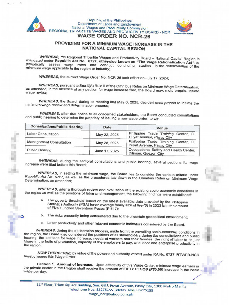 Wage Order No NCR-26 | PDF