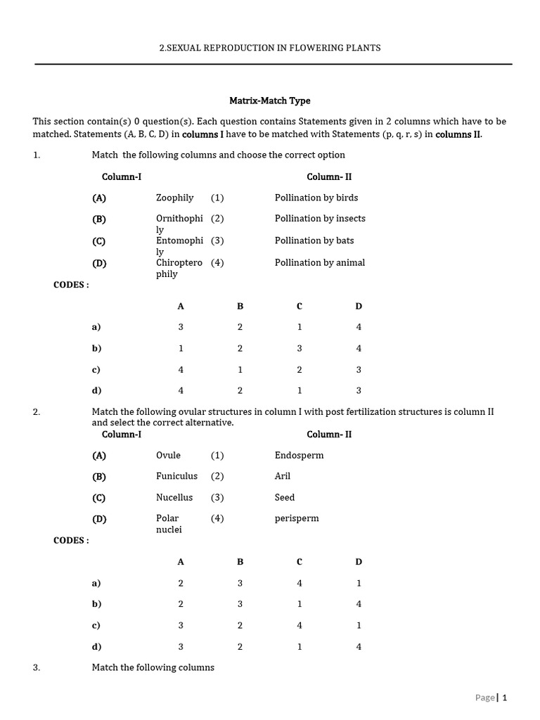 2.sexual Reproduction in Flowering Plants: Codes: A B C D A) B) C) D ...