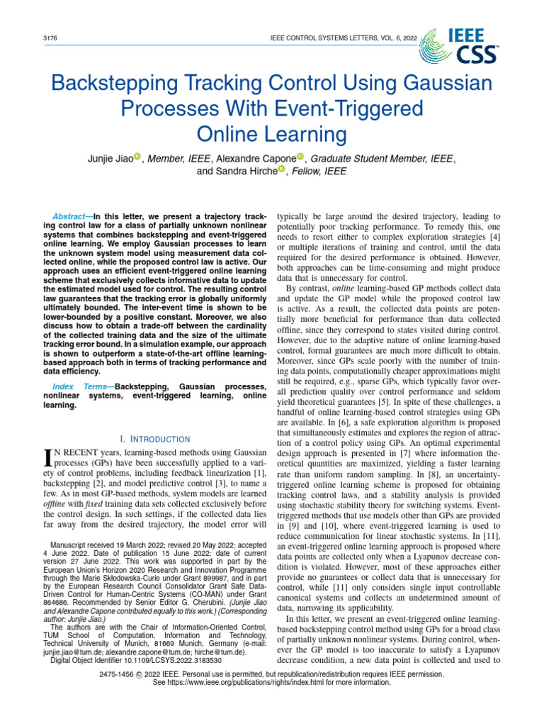 Backstepping Tracking Control Using Gaussian Processes With Event-Triggered Online Learning ...