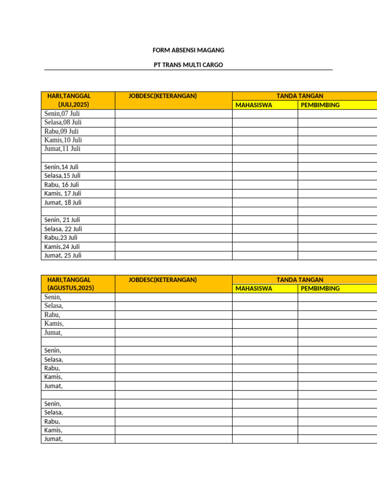 Form Absensi Magang Claudya Cantik | PDF