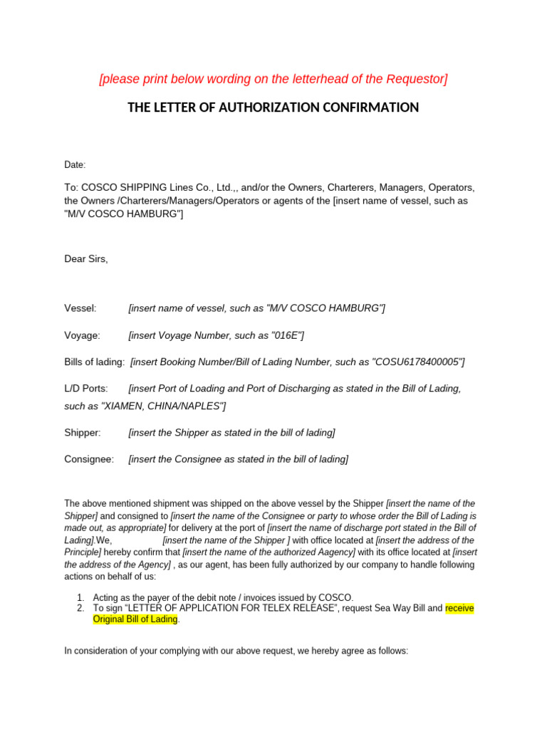 The Authorization Letter For Taking Obl at Pol (Single Shipment) | PDF ...