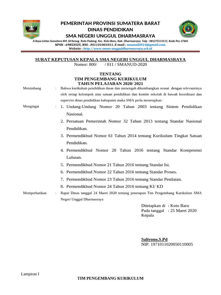 Tim Pengembang Kurikulum SMAN Unggul 2020 | PDF