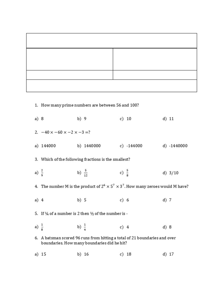 7th Class Math Mania Competition | PDF