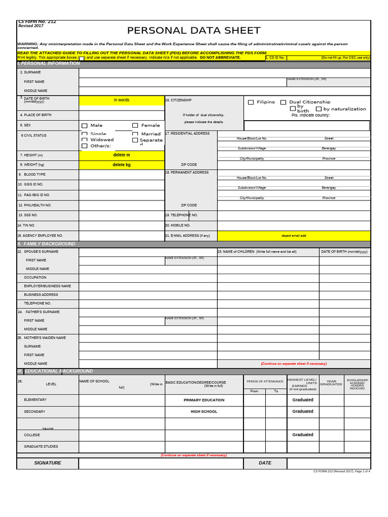 CS Form No. 212 Revised Personal Data Sheet 2 | PDF | Government | Justice