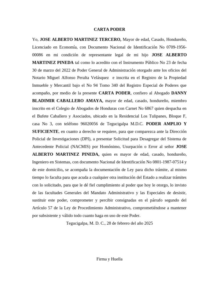 Carta Poder para Trámites Legales en Honduras | PDF