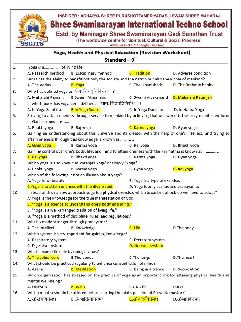 Yoga, Health and Physical Education (Revision Worksheet) Standard - 9 ...