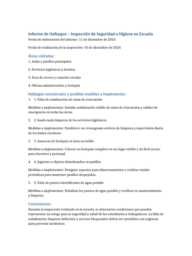 Informe Inspeccion Seguridad Escuela | PDF