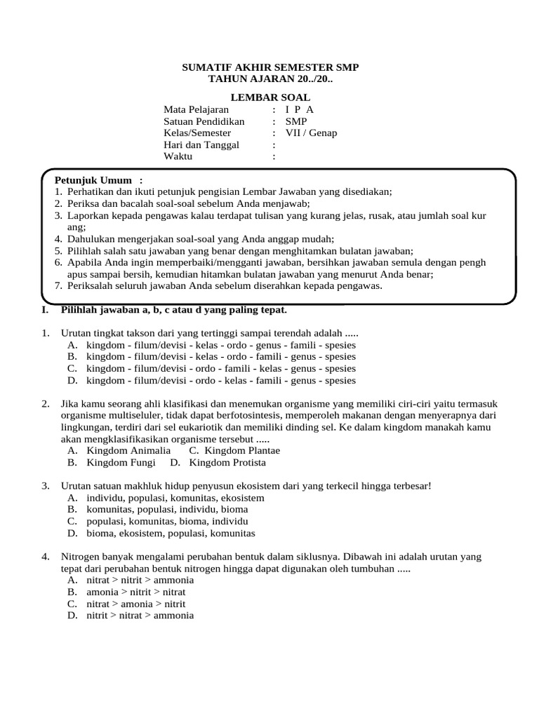 Sumatif Akhir Tahun Ipa Kelas 7 Smpua 24-25 | PDF