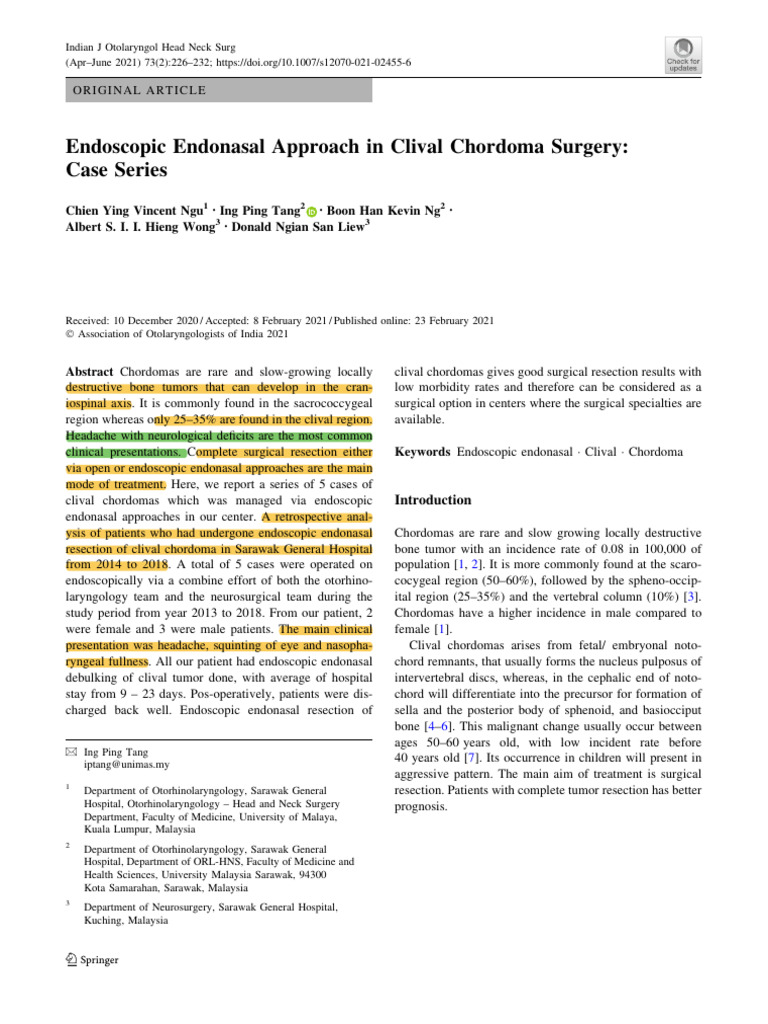 Endoscopic Endonasal Approach in Clival Chordoma Surgery | PDF | Surgery | Headache