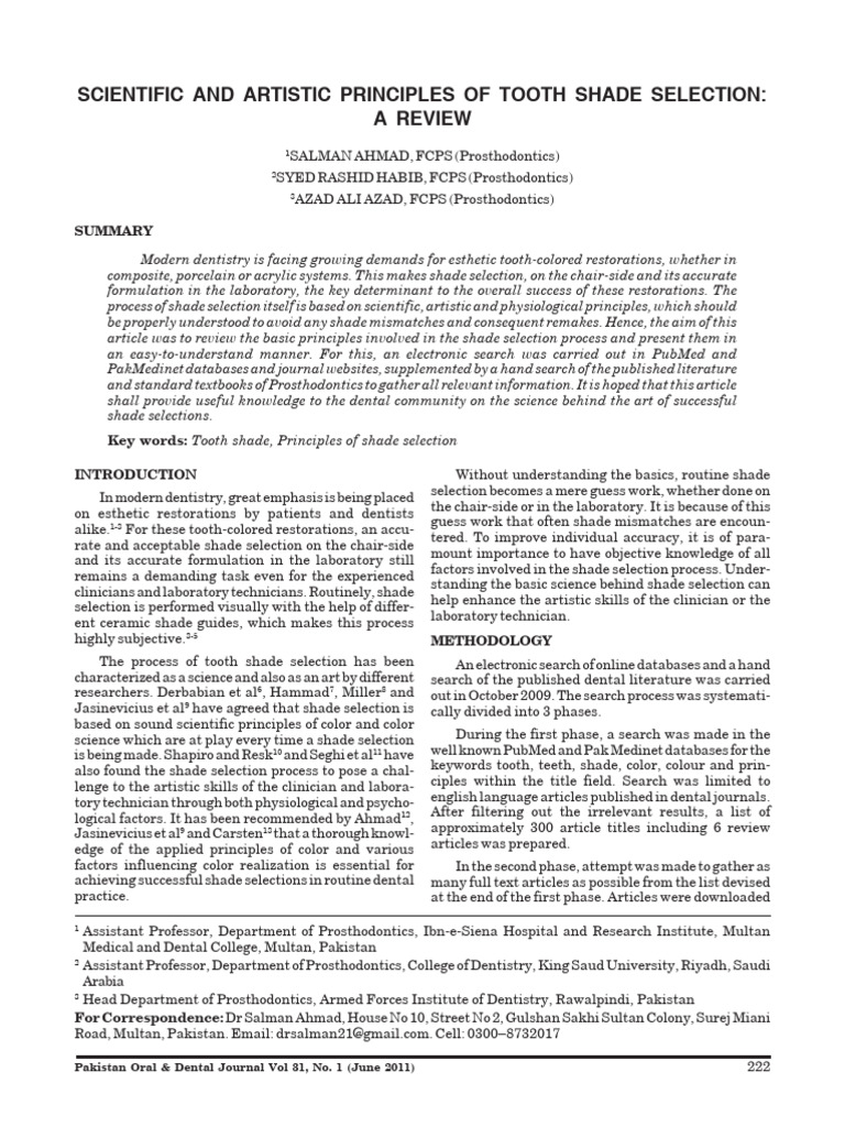 Artistiic Principles of Tooth Shade Selection | PDF | Light | Color