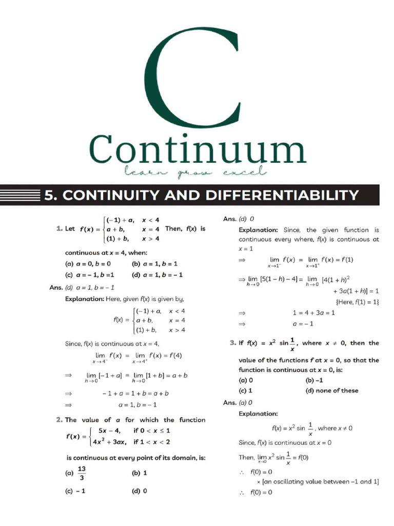Continuity & Differentiability Mcqs | PDF