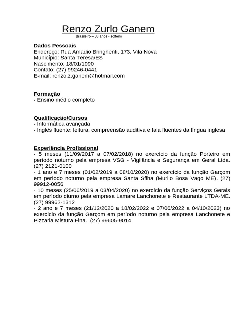 Curriculo Renzo | PDF