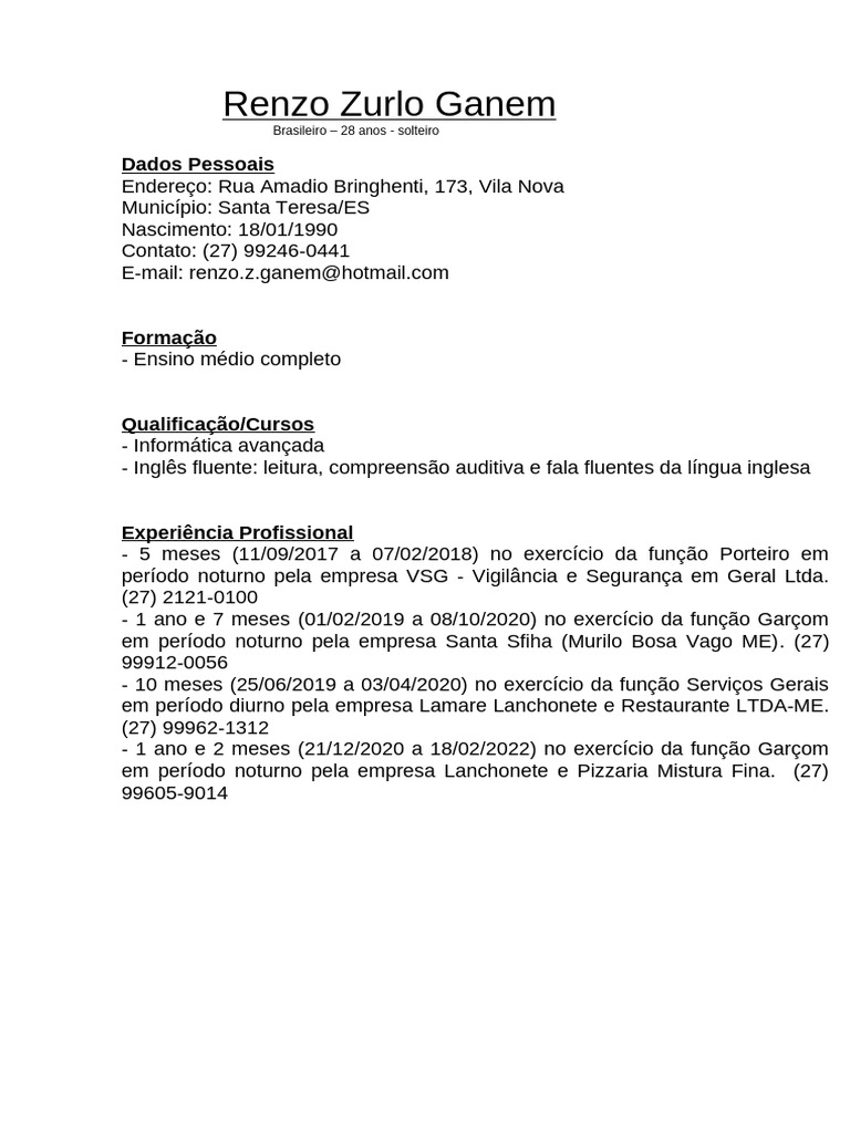 Curriculo Renzo | PDF