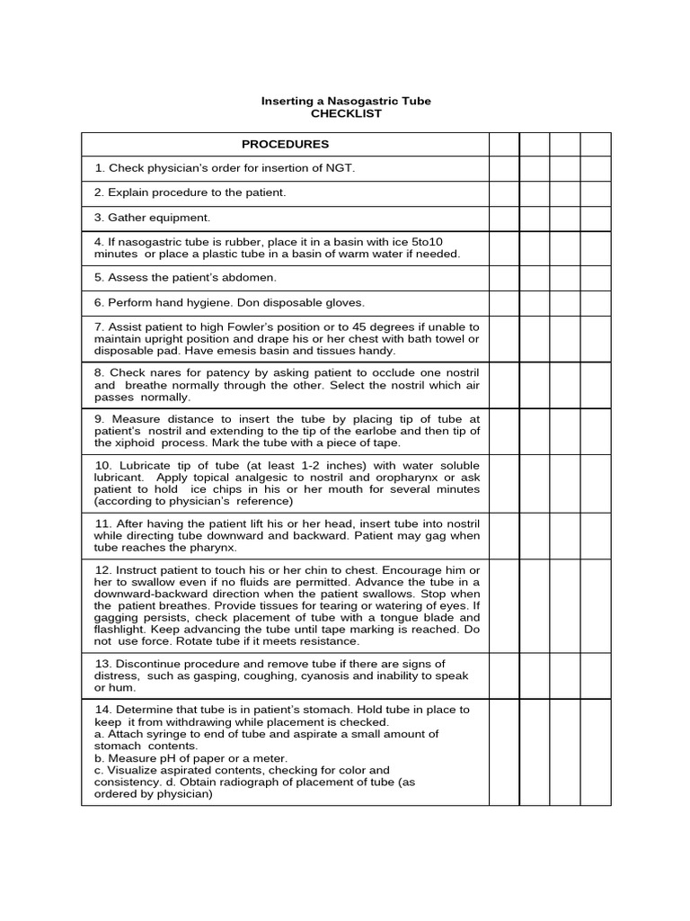 NGT Insertion and Removal Checklist | PDF
