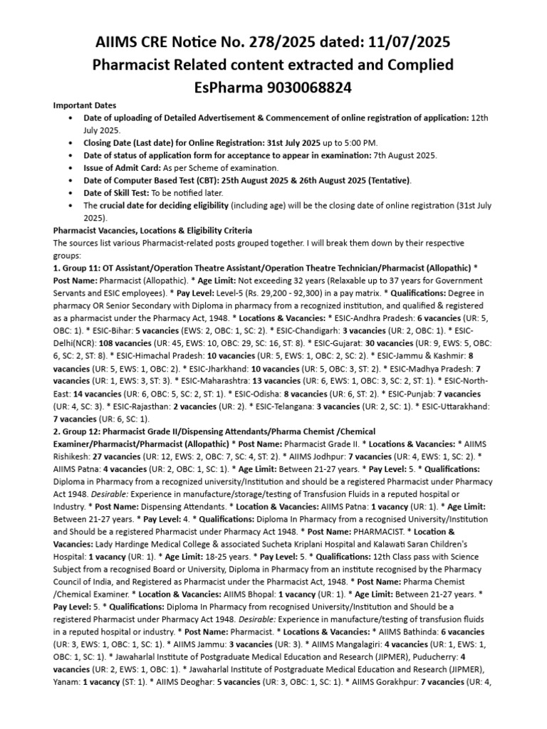 AIIMS Pharmacist Vacancy Notice 2025 | PDF | Pharmacist | Pharmacy