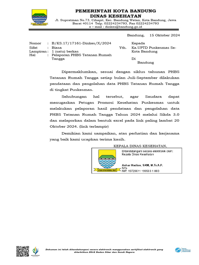 Surat Pelaporan Phbs Rumah Tangga 2024 | PDF