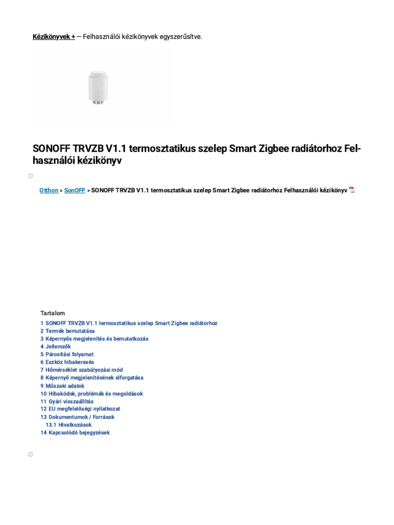 SONOFF TRVZB V1.1 Termosztatikus Szelep Smart Zigbee Radiátorhoz | PDF