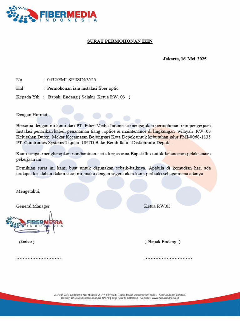 Surat Permohonan Izin Klien FMI-0068-1135 PT. Comtronics Systems Tujuan UPTD Balai Benih Ikan ...